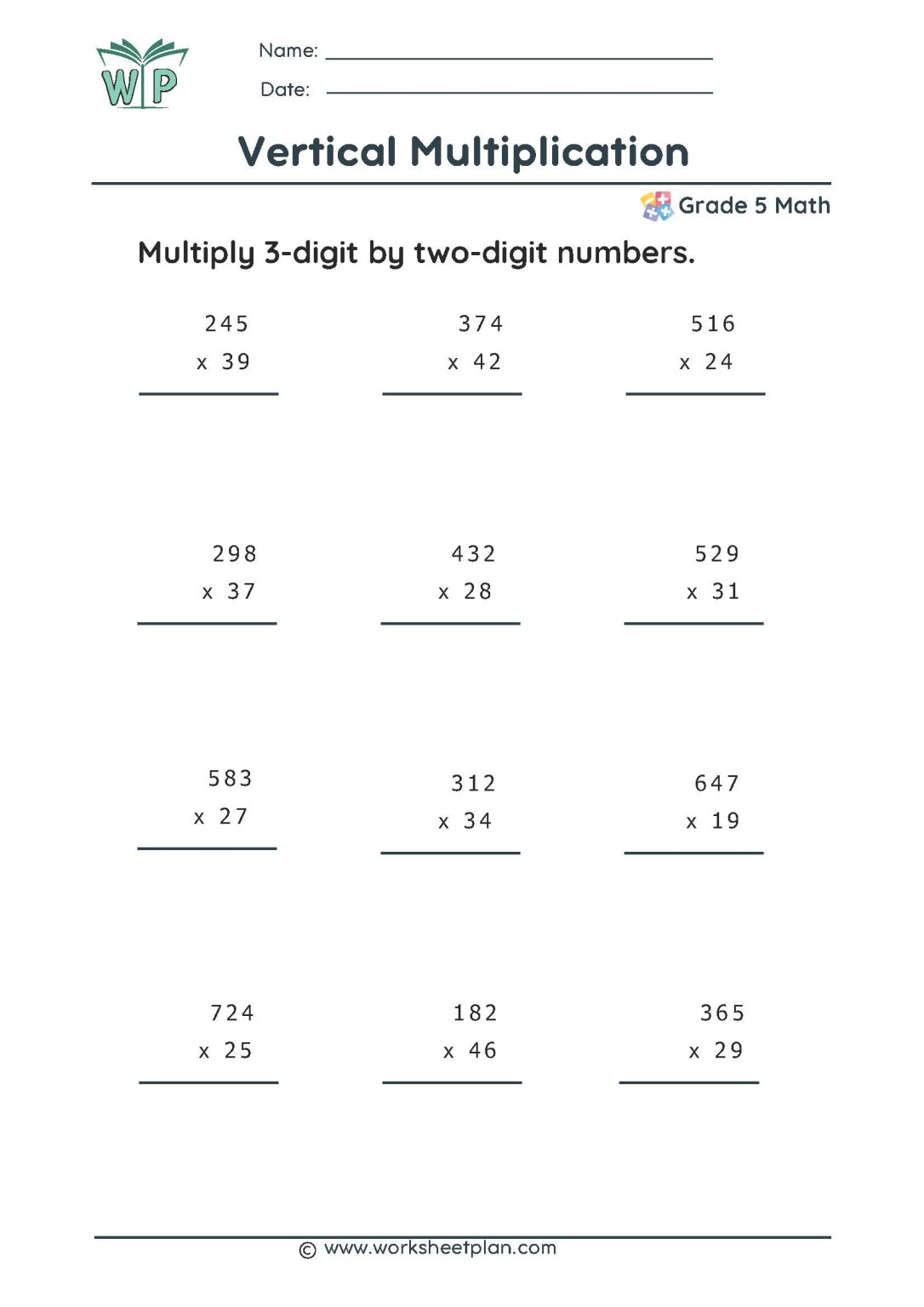 Vertical 3 digit by 2 digit » Worksheet Plan