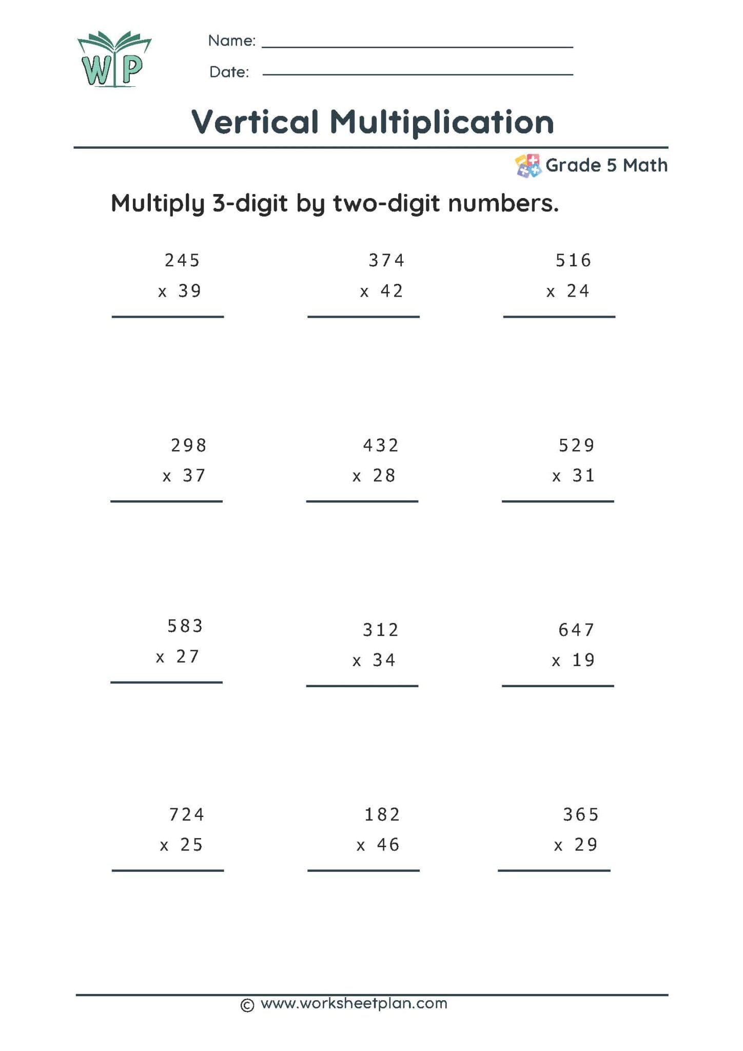 Vertical 3 digit by 2 digit » Worksheet Plan