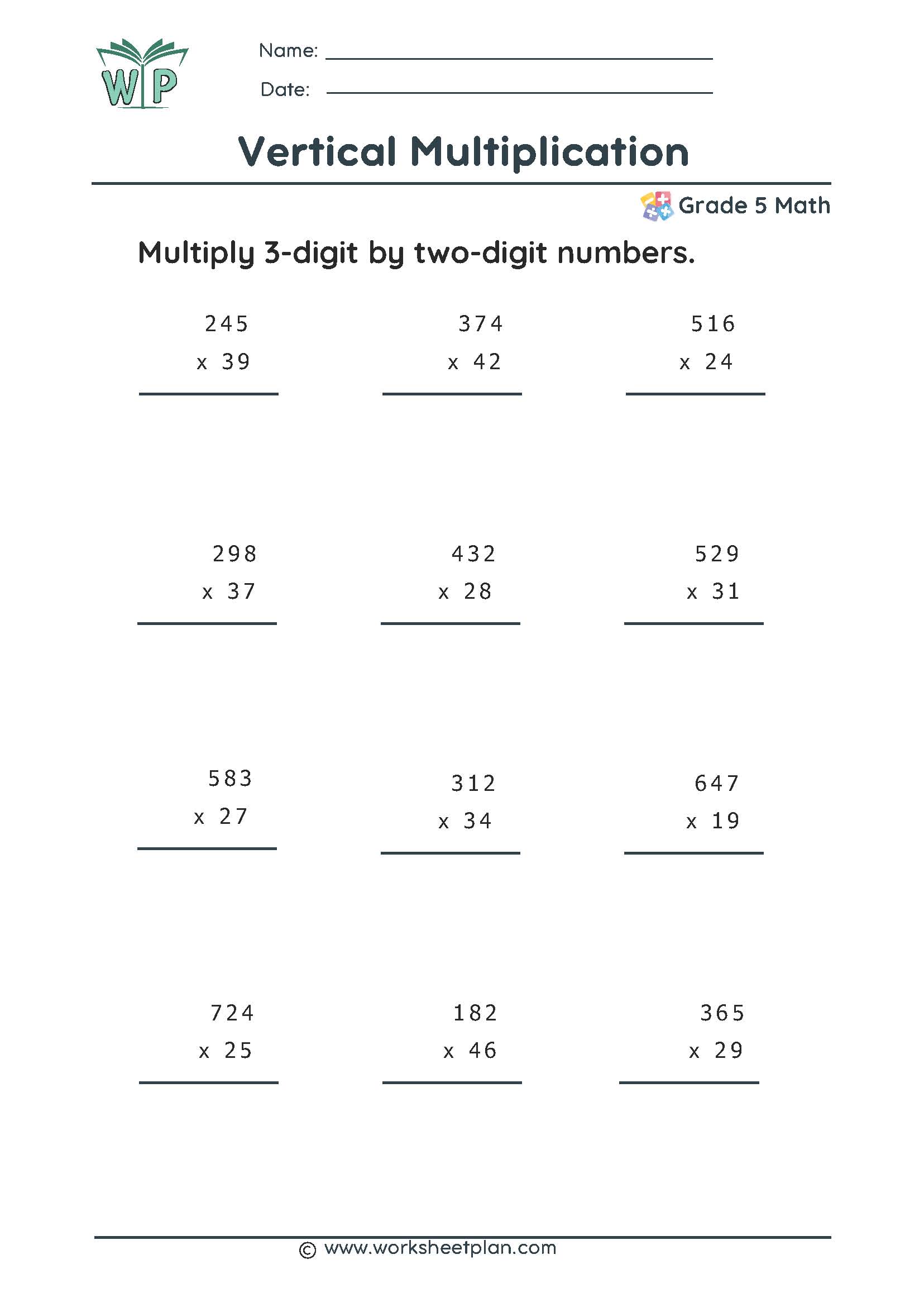 Vertical 3 digit by 2 digit » Worksheet Plan
