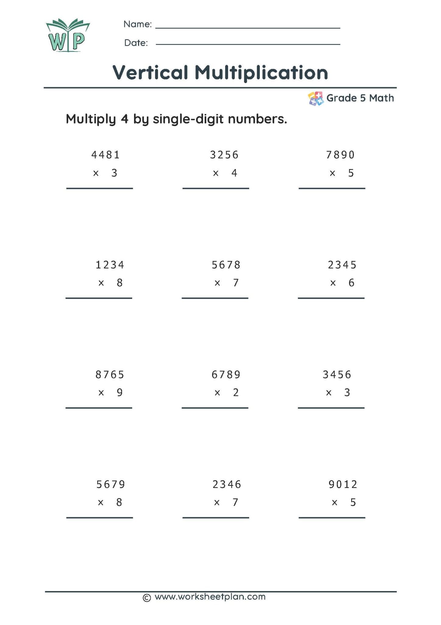 Vertical 4-digit by 1-digit Multiplication » Worksheet Plan