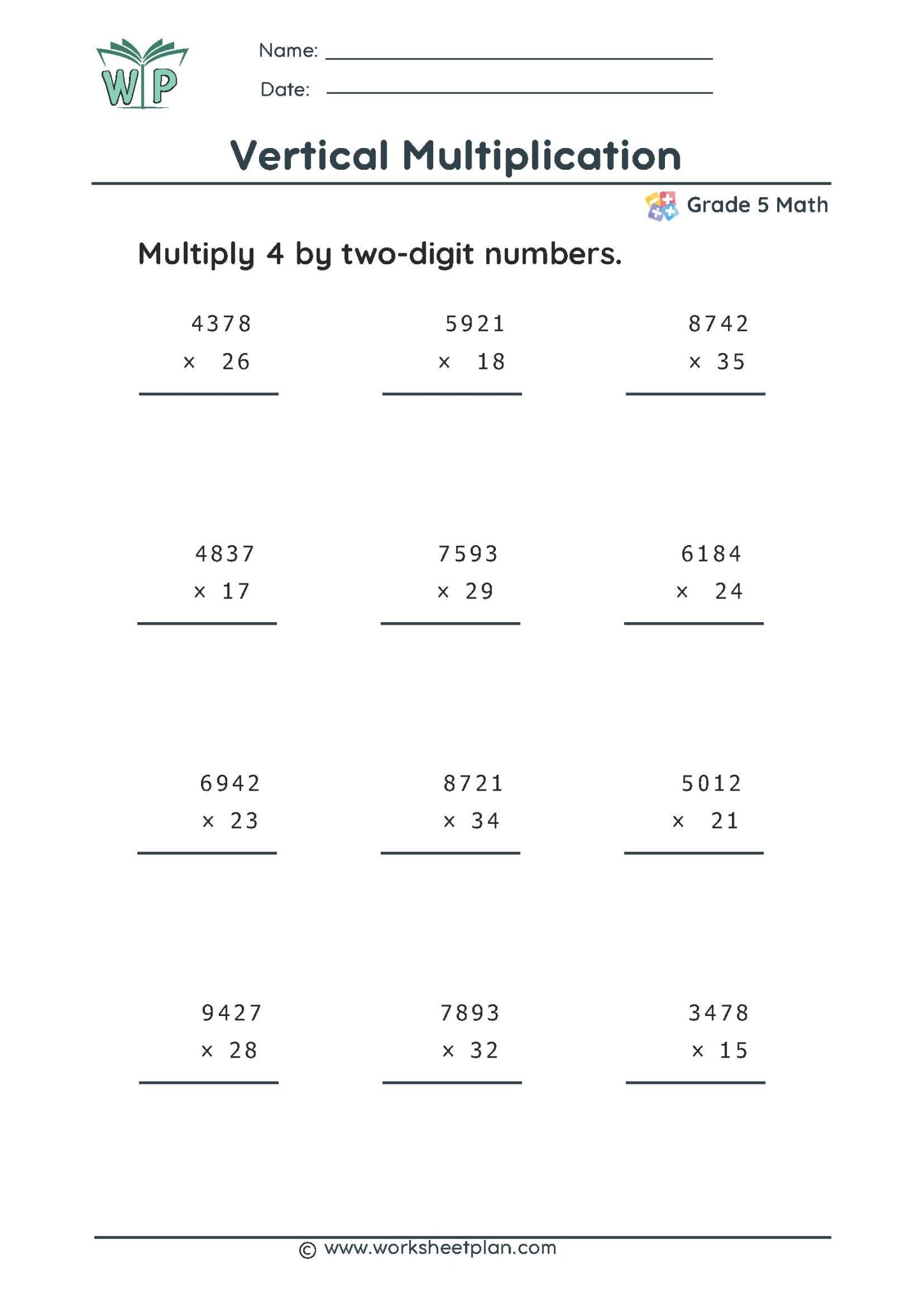 Vertical 4 digits by two digit » Worksheet Plan
