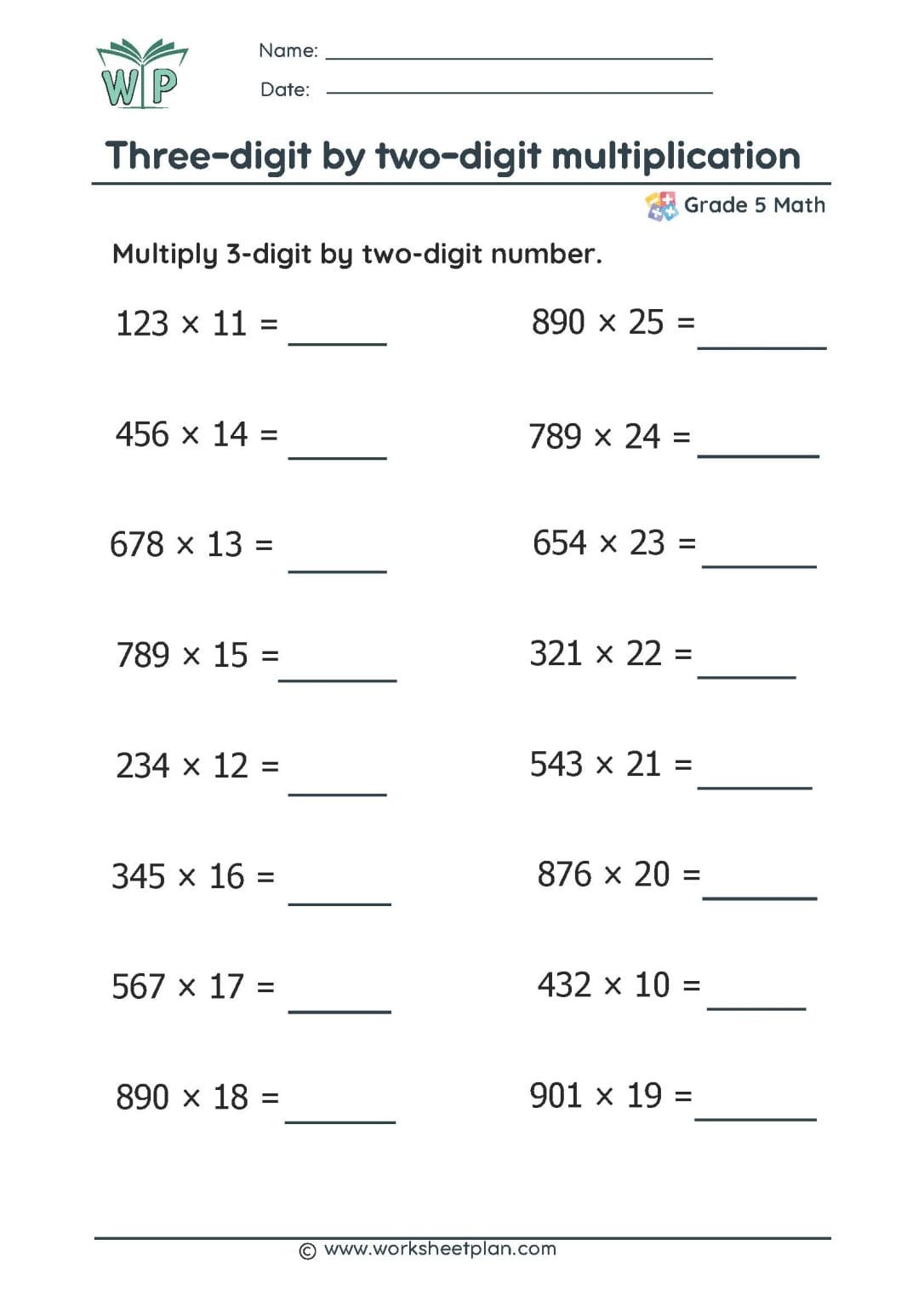 Three digit by two digit multiplication » Worksheet Plan