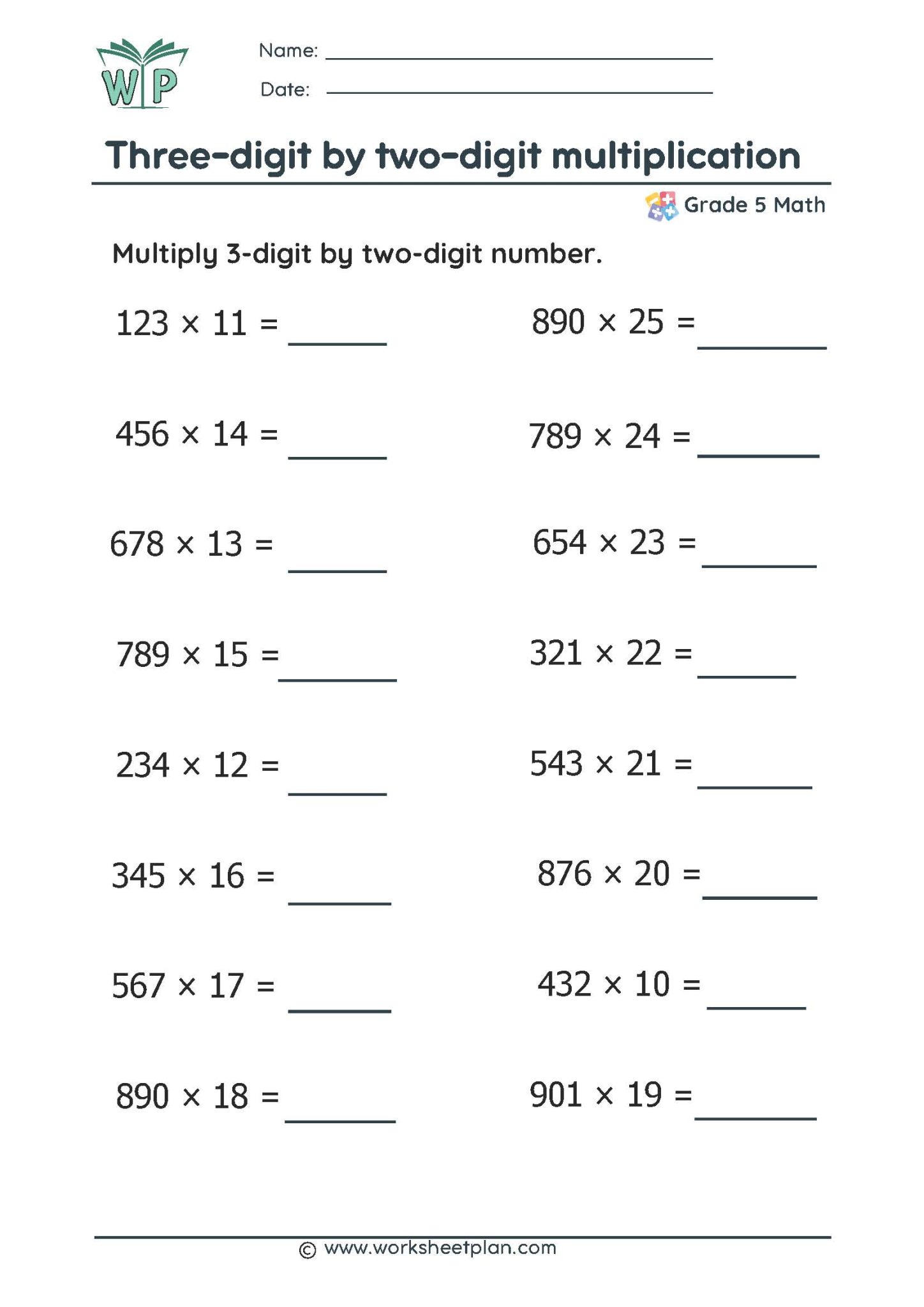 Three digit by two digit multiplication » Worksheet Plan