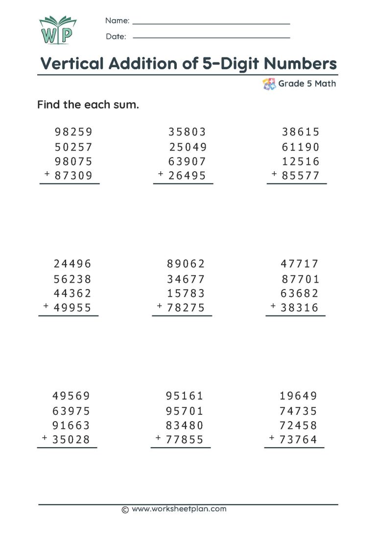 Vertical addition with 5 digits » Worksheet Plan