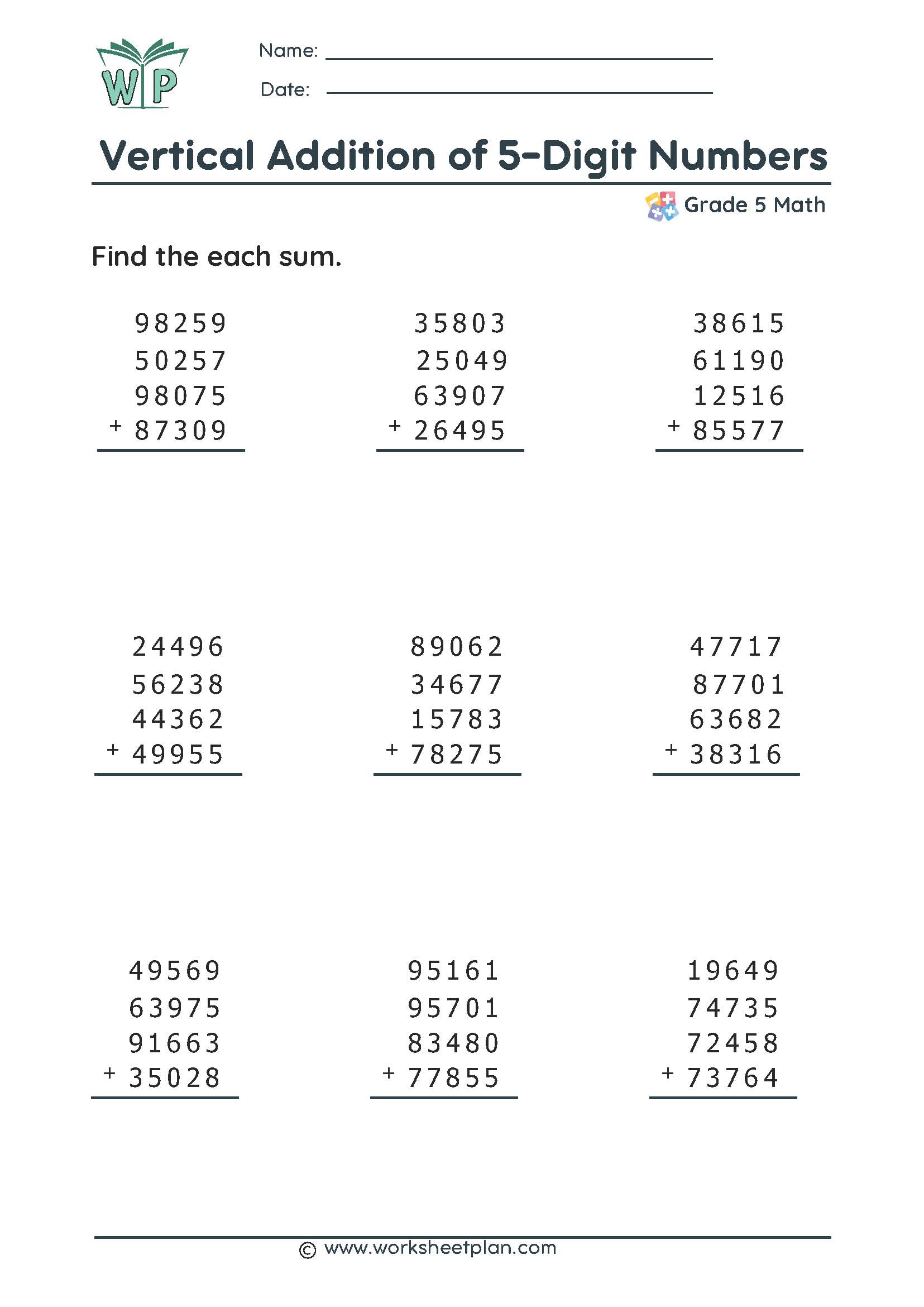 Vertical addition with 5 digits » Worksheet Plan