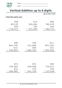 Vertical addition up to 6 digits » Worksheet Plan