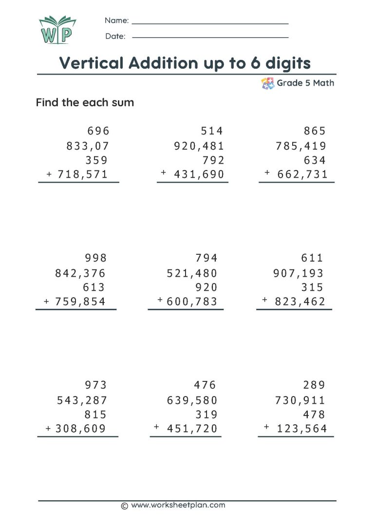 Vertical addition up to 6 digits » Worksheet Plan