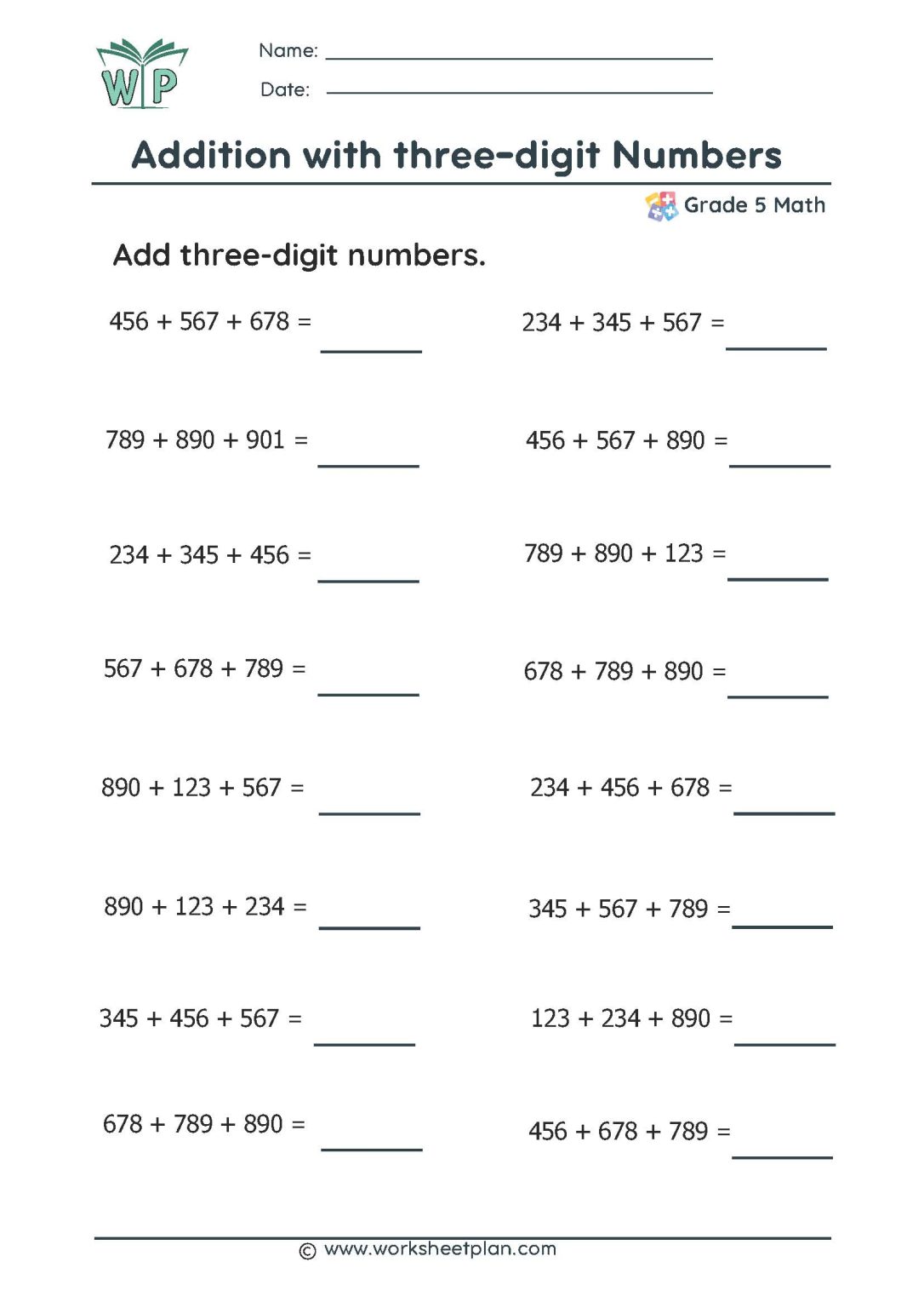 Adding three-digit numbers » Worksheet Plan