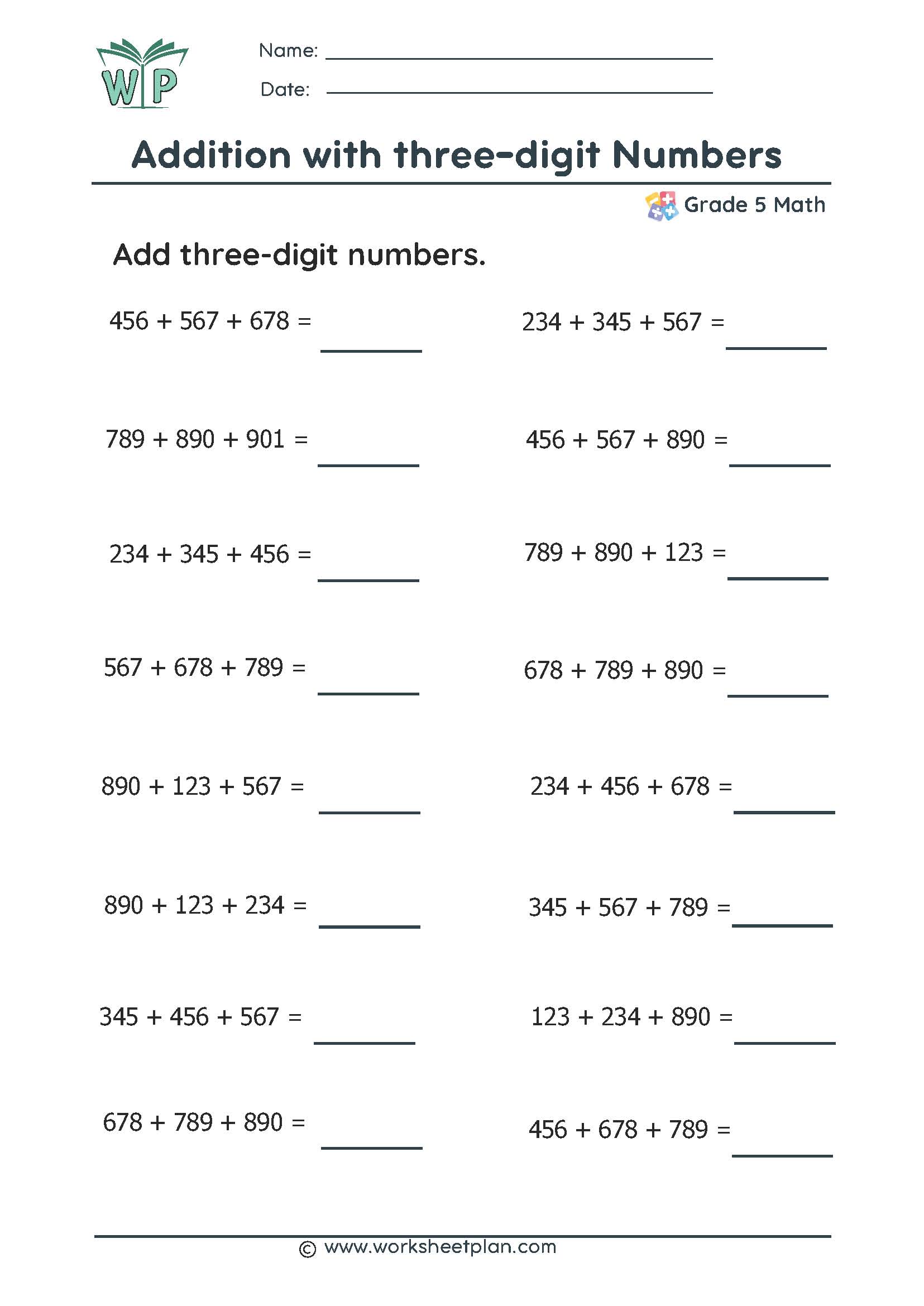 Adding three-digit numbers » Worksheet Plan