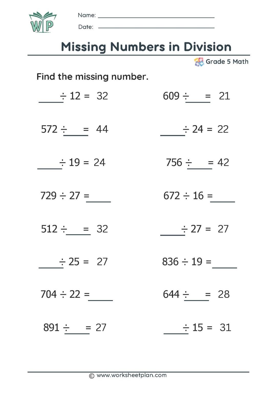 Missing numbers division » Worksheet Plan