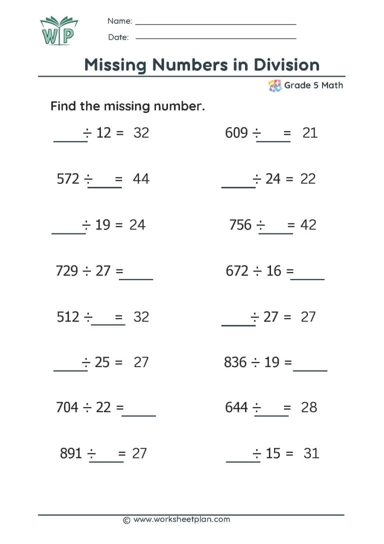 Missing numbers division » Worksheet Plan