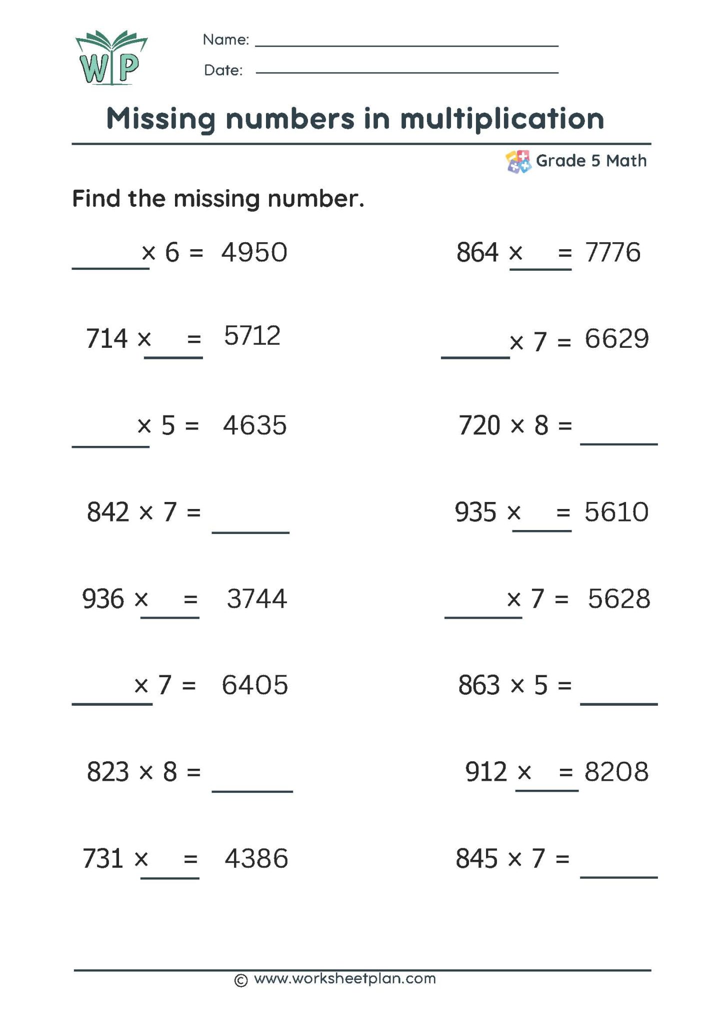 Missing numbers multiplication » Worksheet Plan