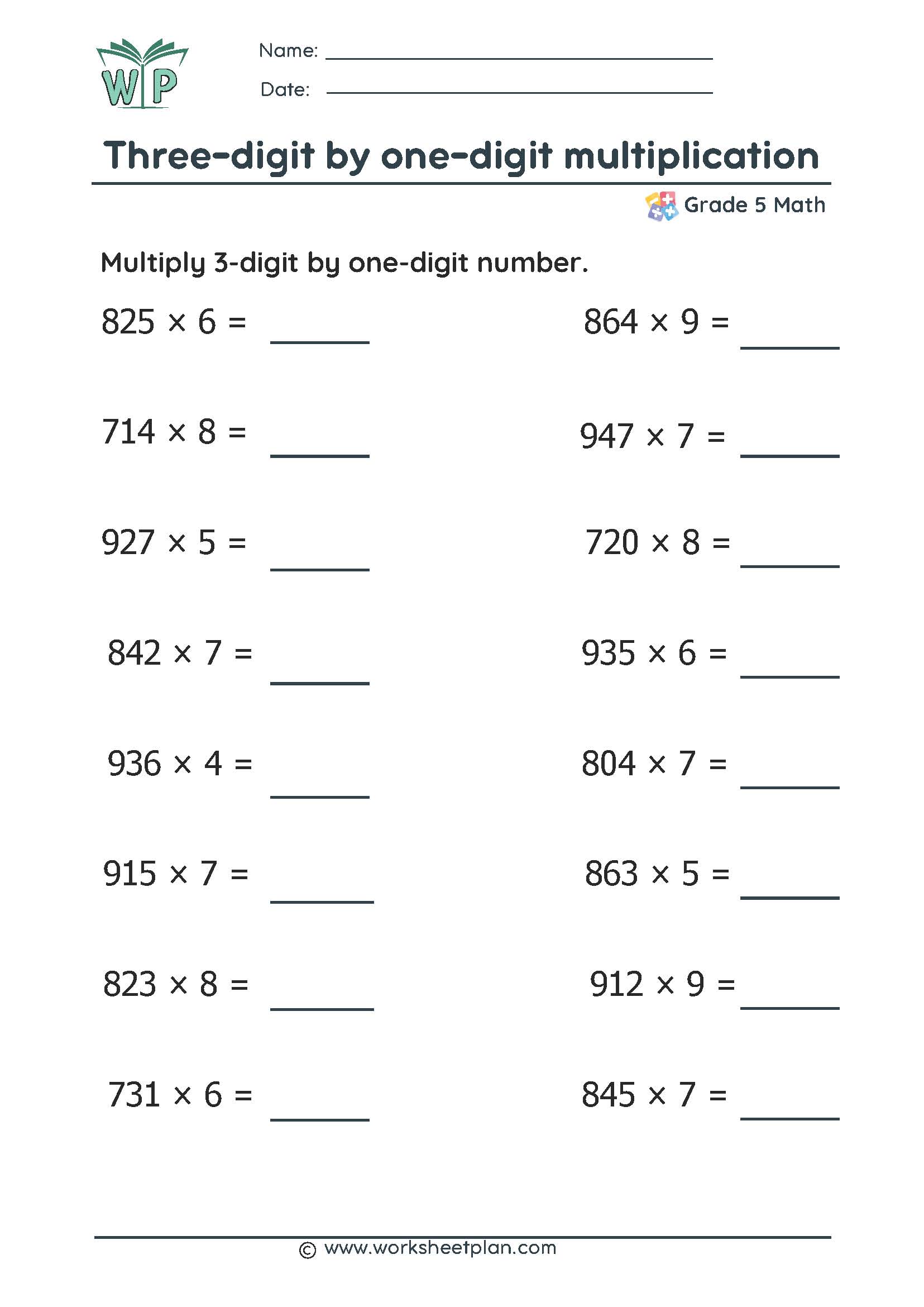 Three digit by single digit multiplication » Worksheet Plan