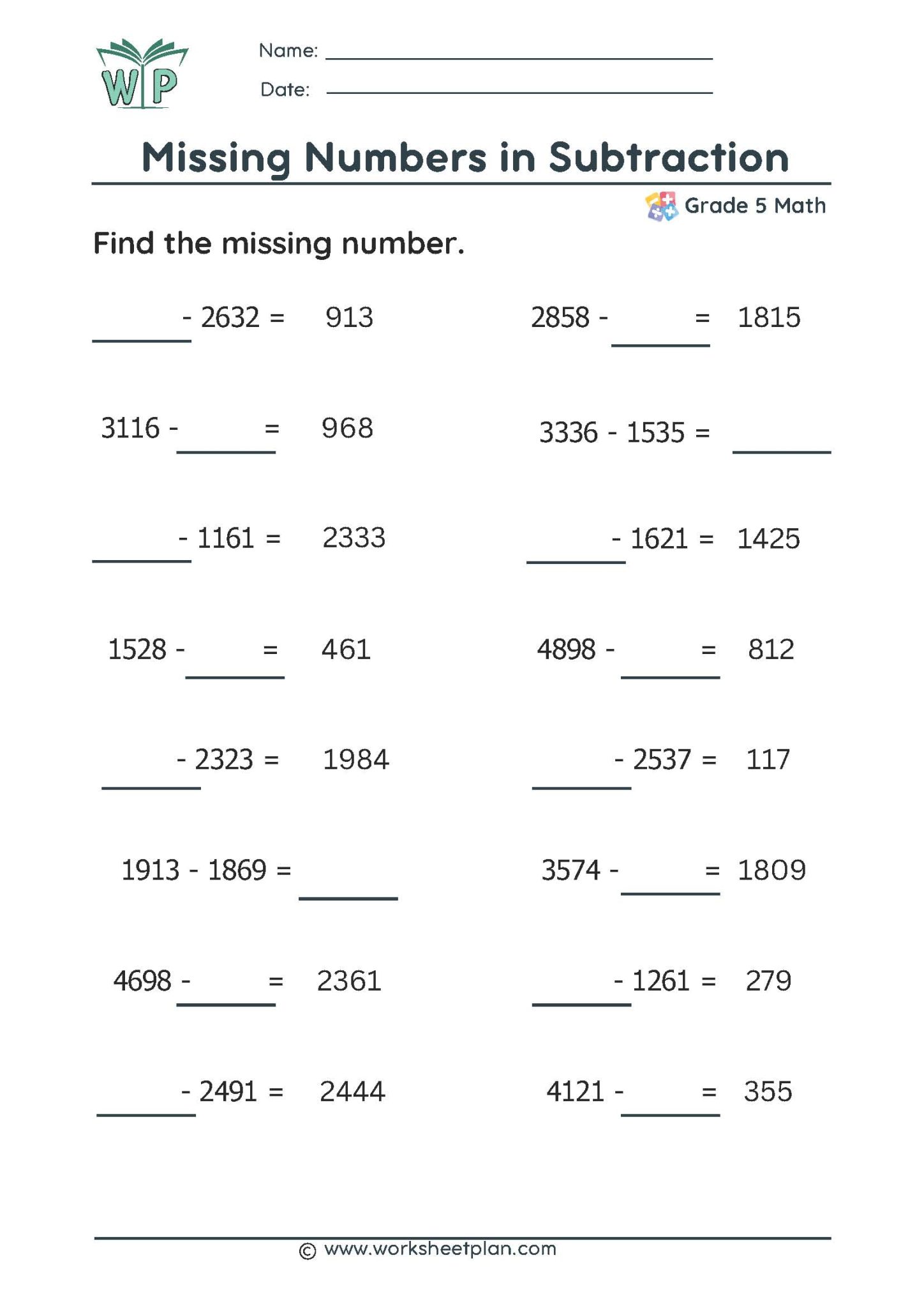 Missing numbers subtraction » Worksheet Plan
