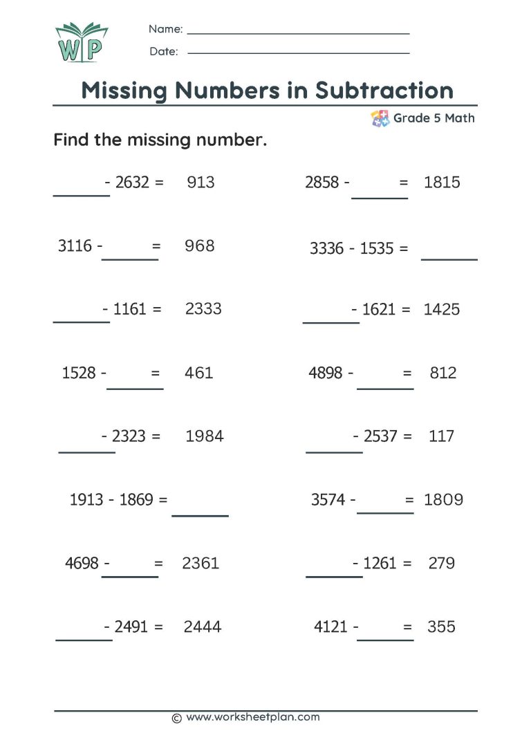Missing numbers subtraction » Worksheet Plan