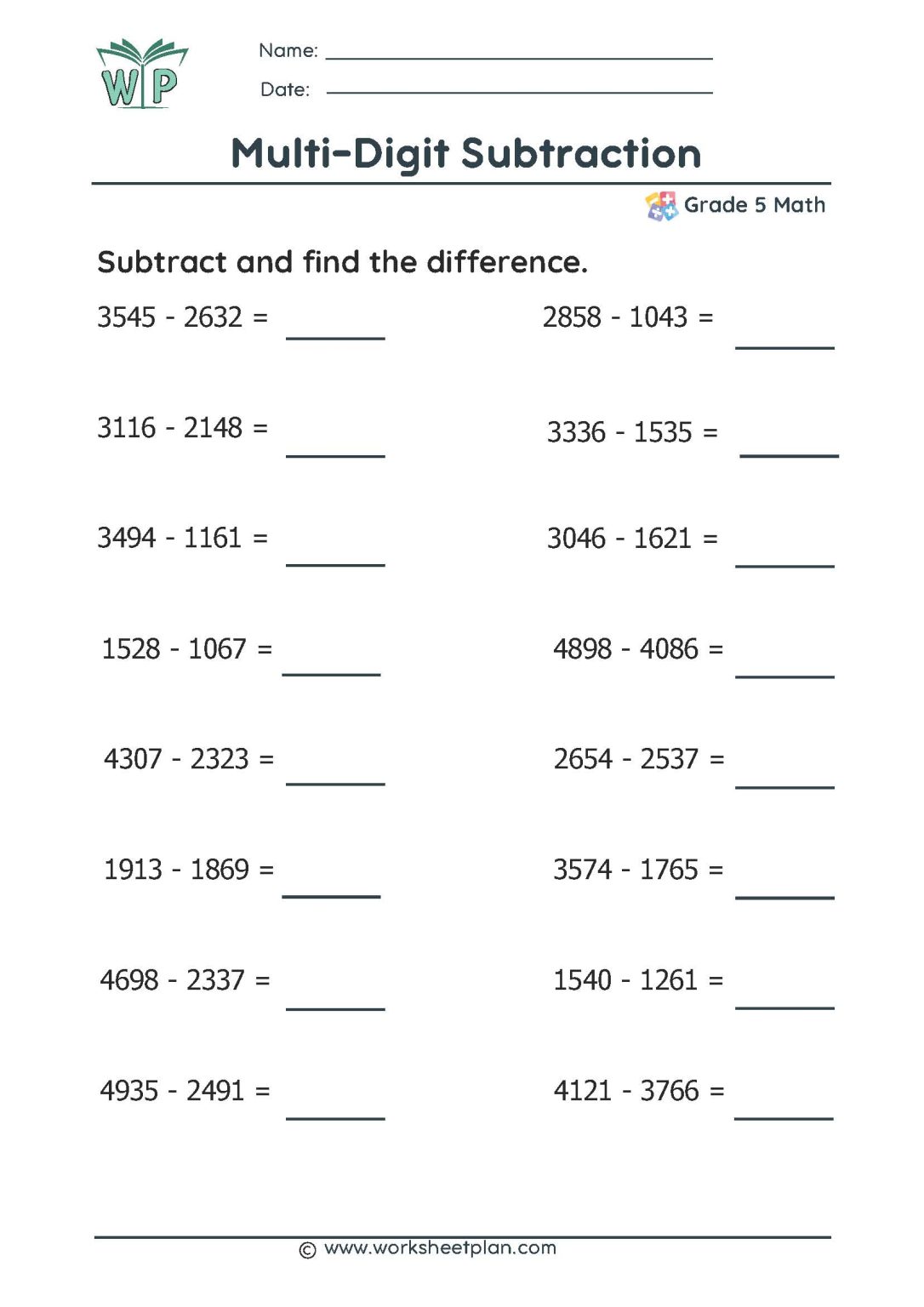 Multi-digit subtraction » Worksheet Plan