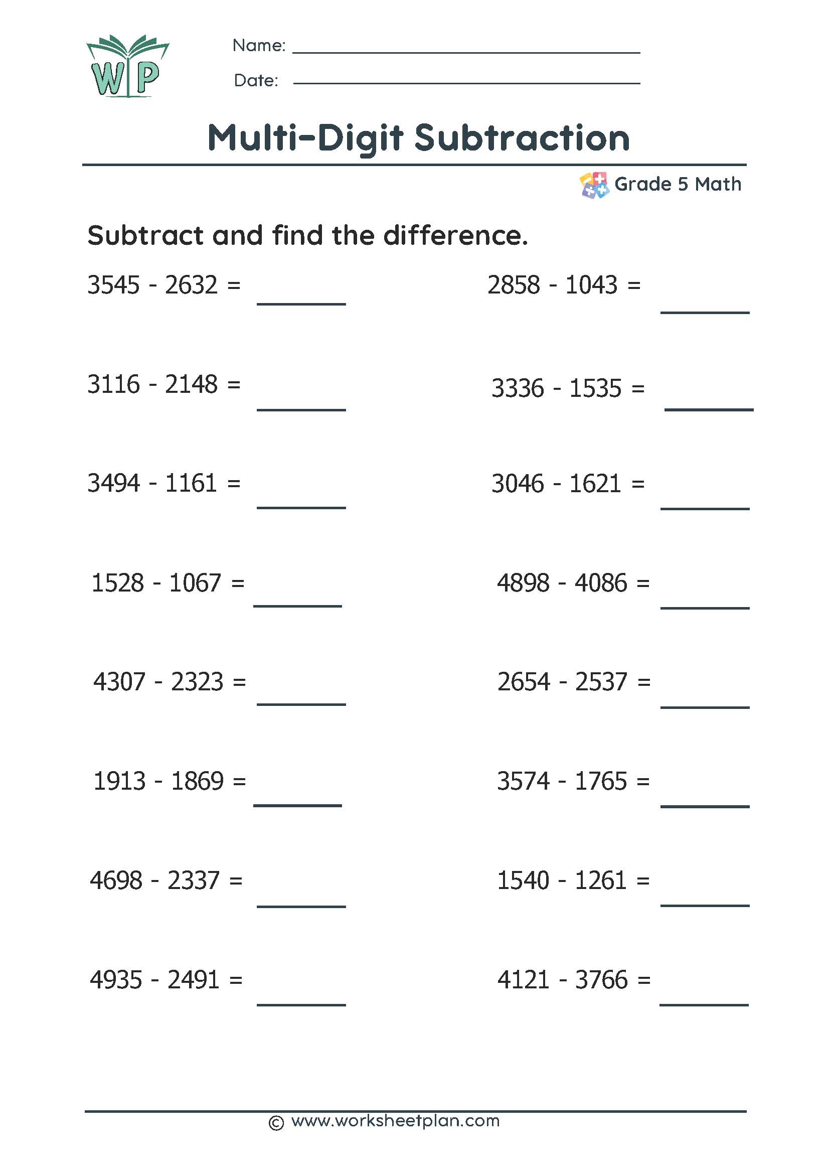 Multi-digit subtraction » Worksheet Plan