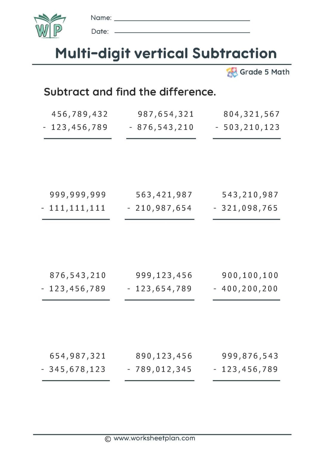 Vertical multi-digit subtraction » Worksheet Plan