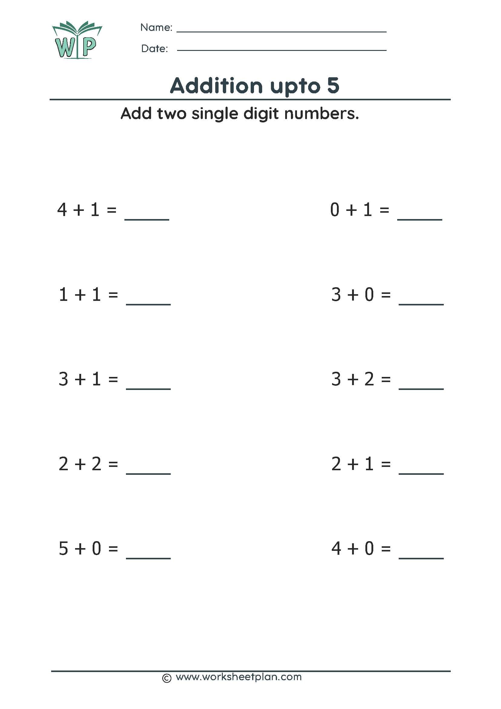 Addition upto 5 » Worksheet Plan