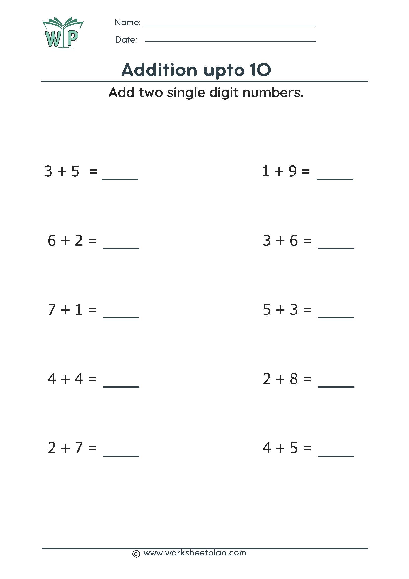 Adding upto 10 » Worksheet Plan
