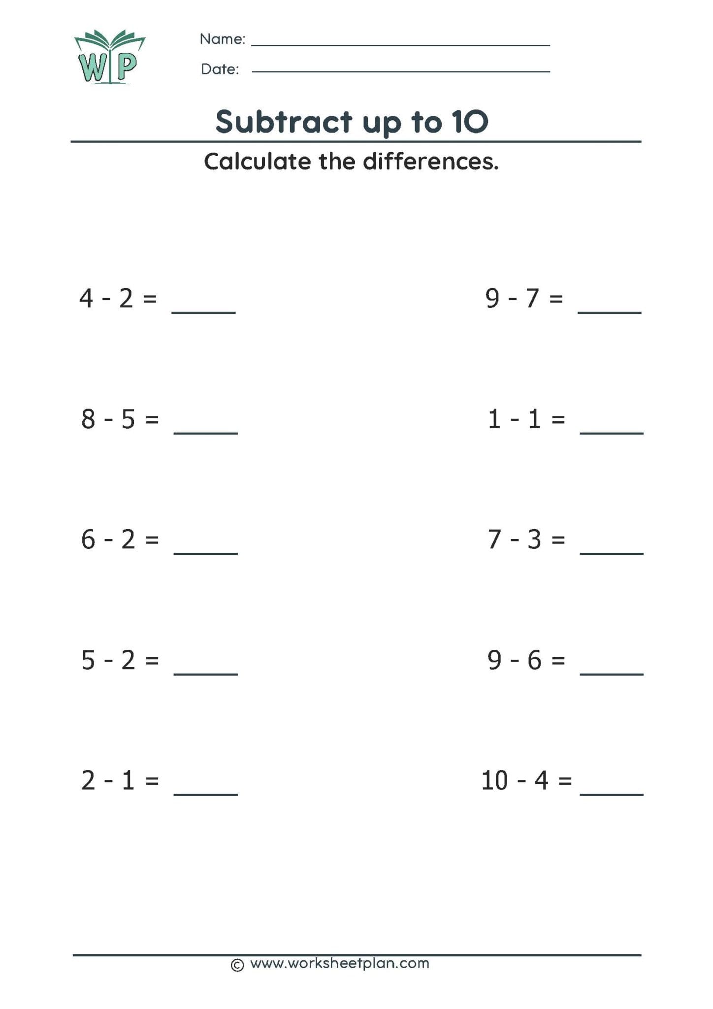 Subtraction up to 10 » Worksheet Plan