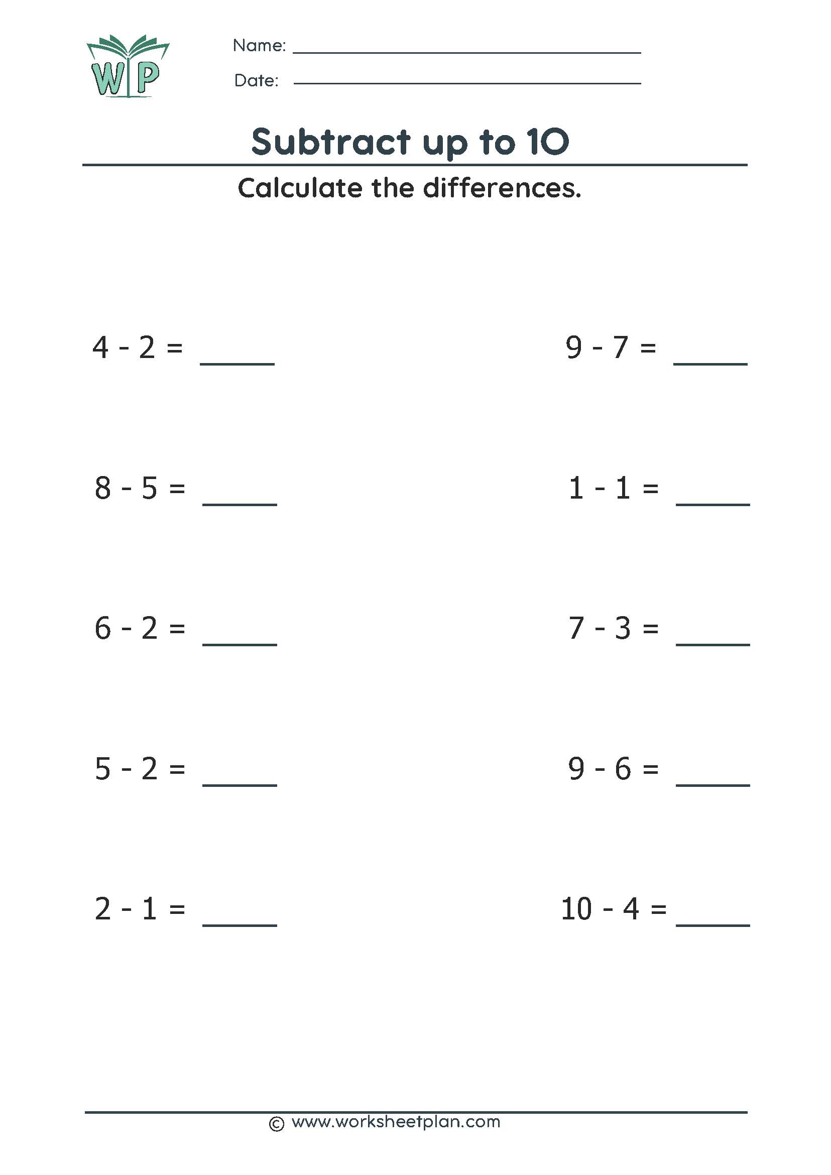 Subtraction up to 10 » Worksheet Plan