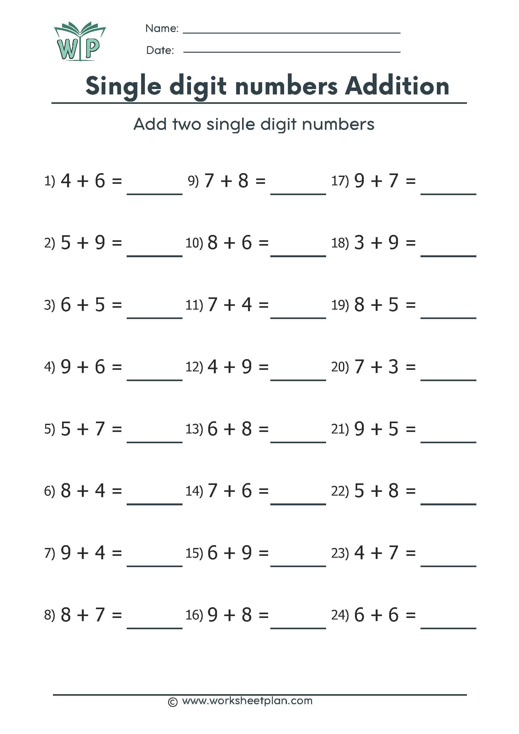 Addition upto 20 Grade 1 » Worksheet Plan