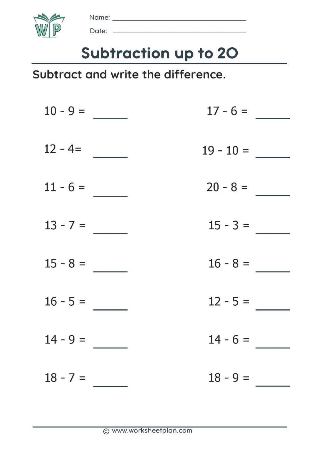 Single and Double Digit Subtraction Worksheets » Worksheet Plan